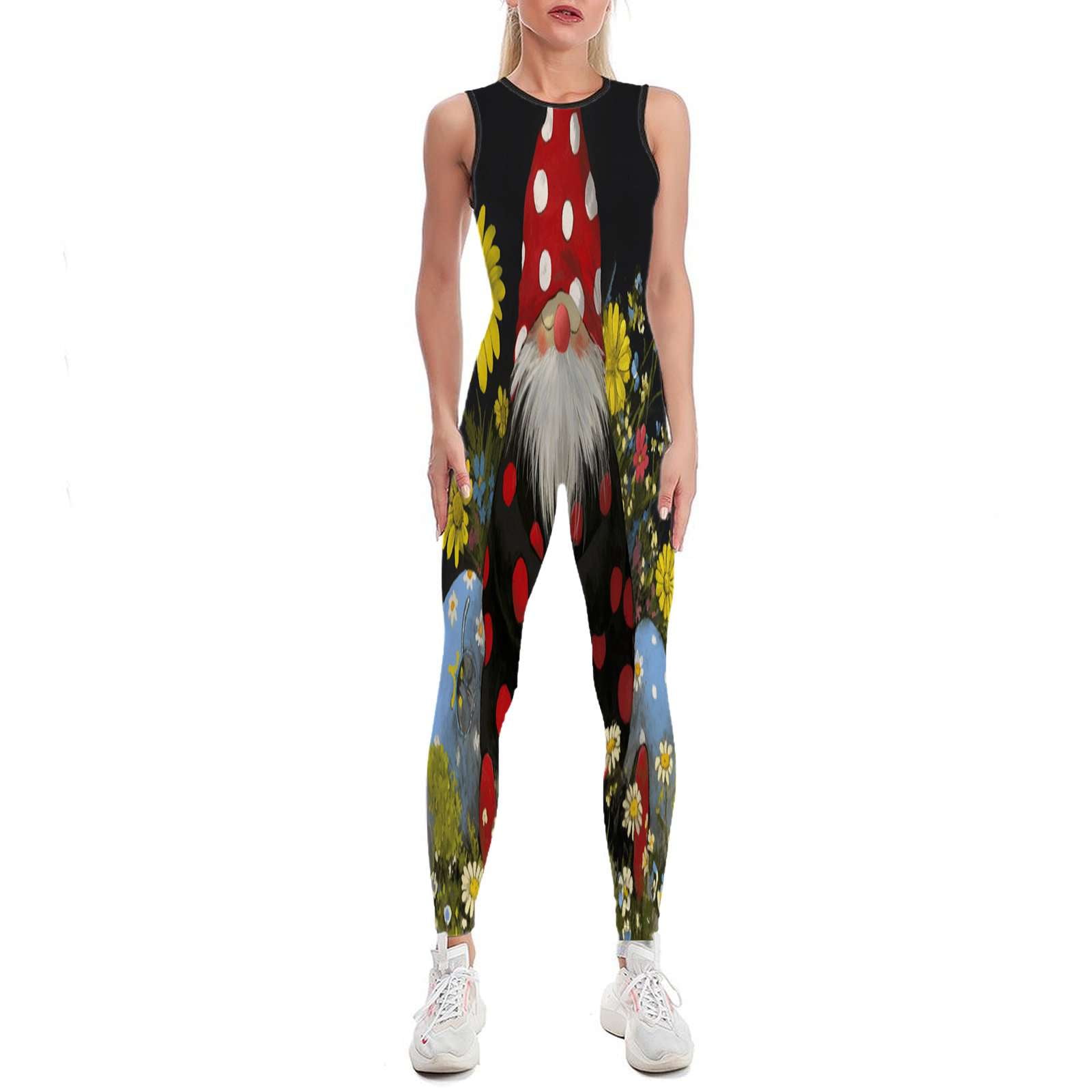 Red Gnome Hippie Flowers Ladybugs Women's One Piece Yoga Jumpsuits ...