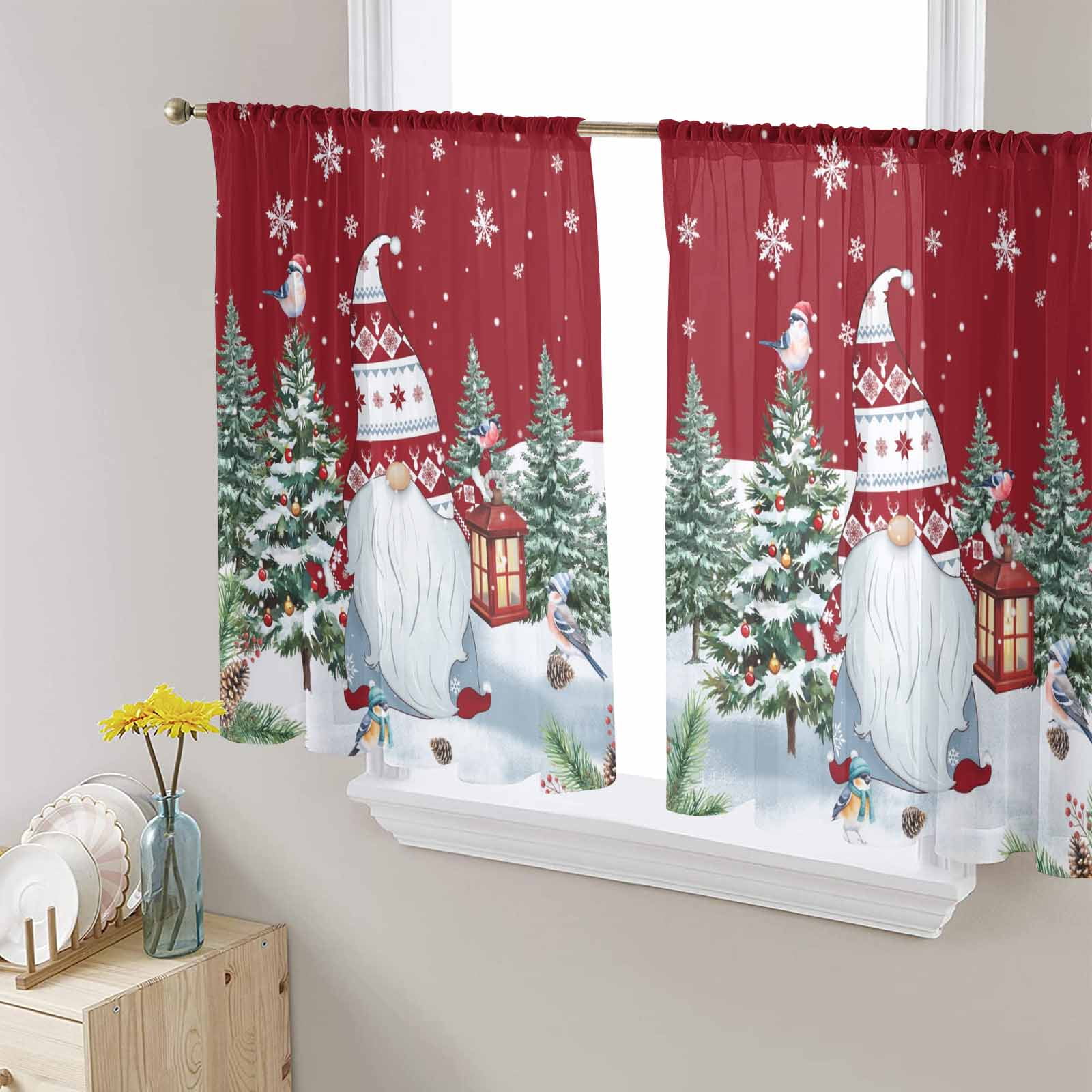Red Gnomes Christmas Sheer Curtains 45 Inch Length 2 Panels Set, Semi ...