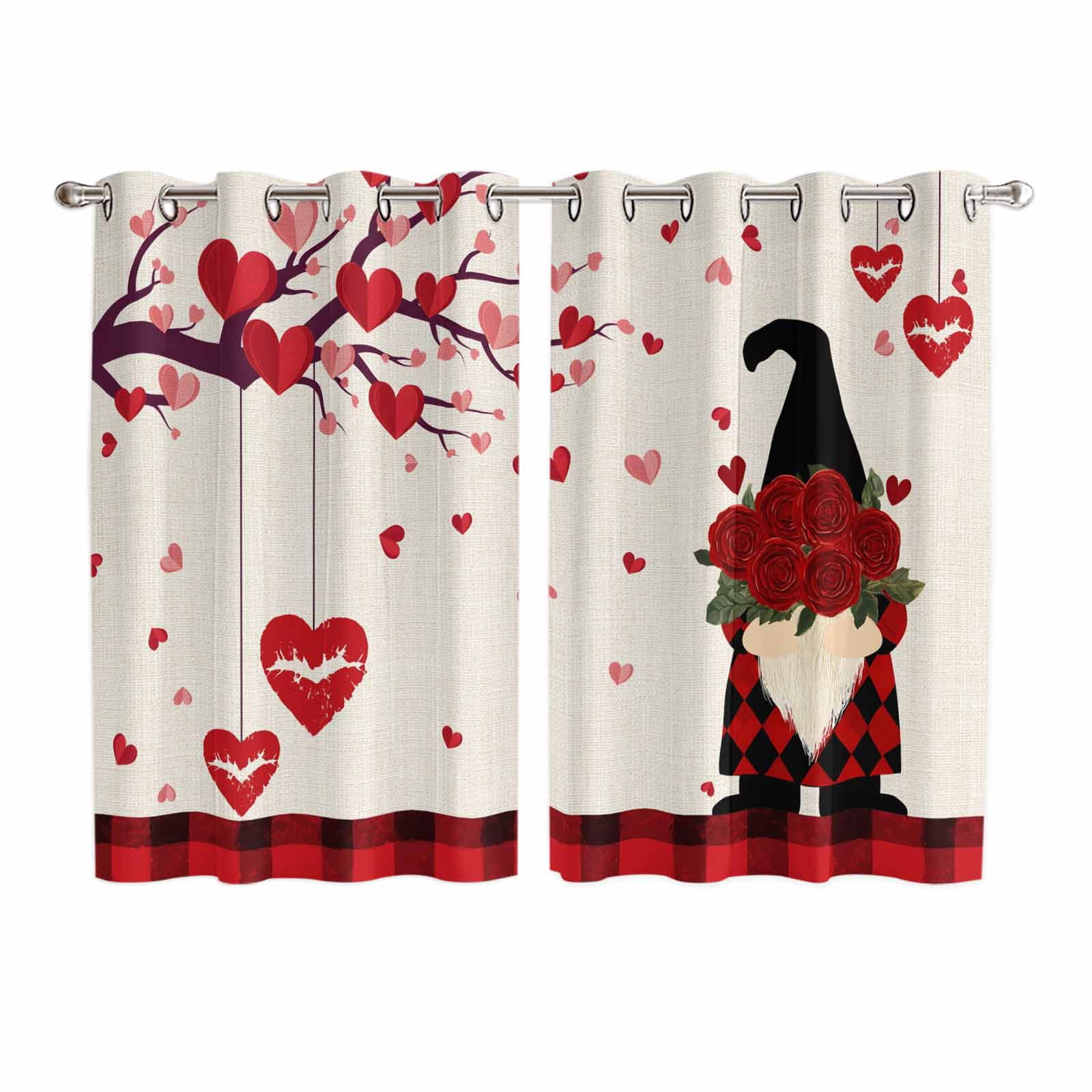 Red Gnomes Valentines Kitchen Curtains Window Panels, Love Heart Tree ...