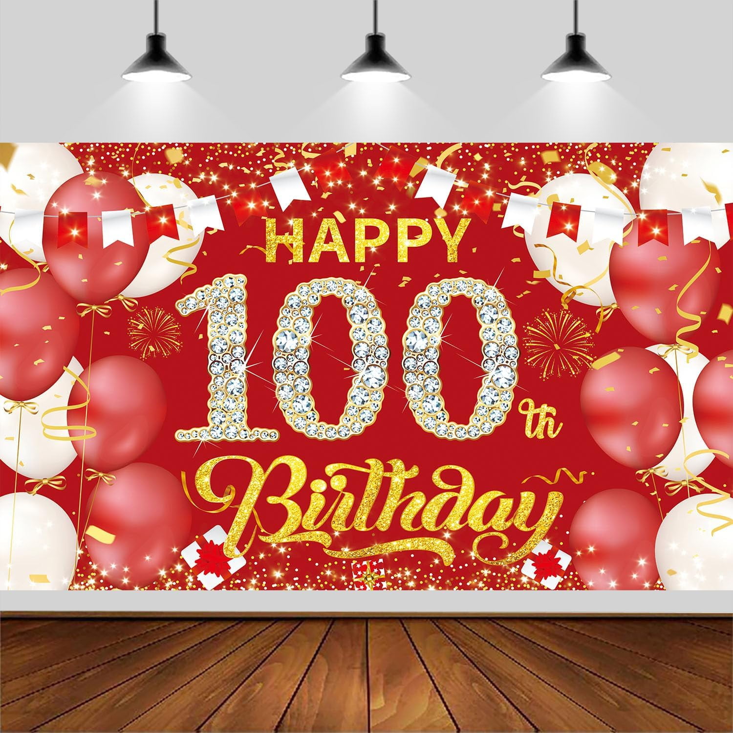 Red Gold 100th Happy Birthday Backdrop,Red Gold Happy Birthday ...