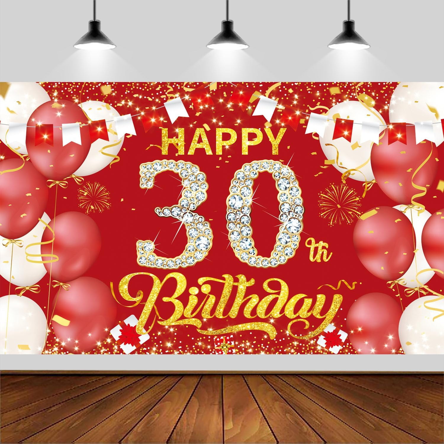 Red Gold 30th Happy Birthday Backdrop,Red Gold Happy Birthday ...