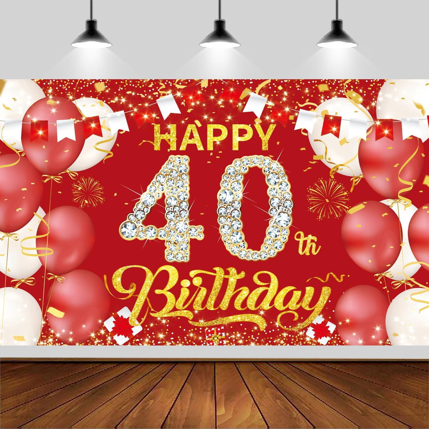 Red Gold 40th Happy Birthday Backdrop,Red Gold Happy Birthday ...