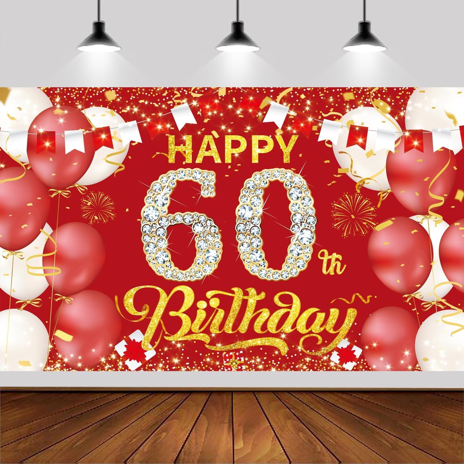 Red Gold 60th Happy Birthday Backdrop,Red Gold Happy Birthday ...
