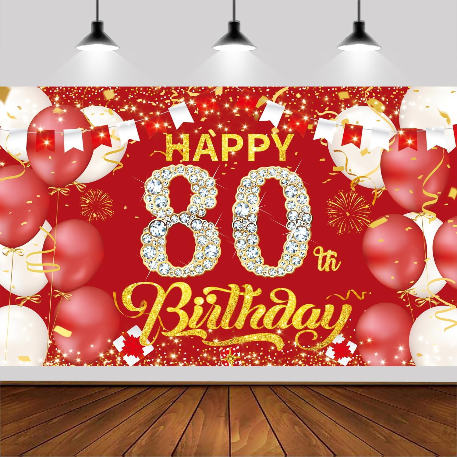 Red Gold 80th Happy Birthday Backdrop,Red Gold Happy Birthday ...