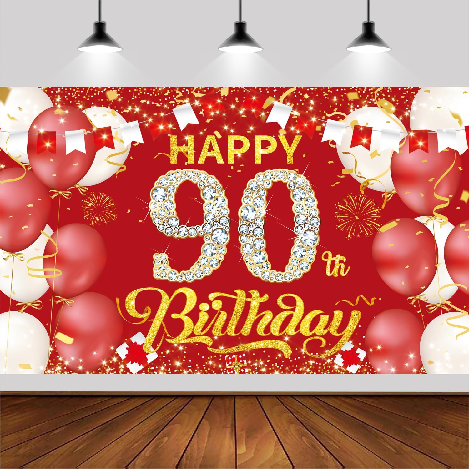 Red Gold 90th Happy Birthday Backdrop,Red Gold Happy Birthday ...