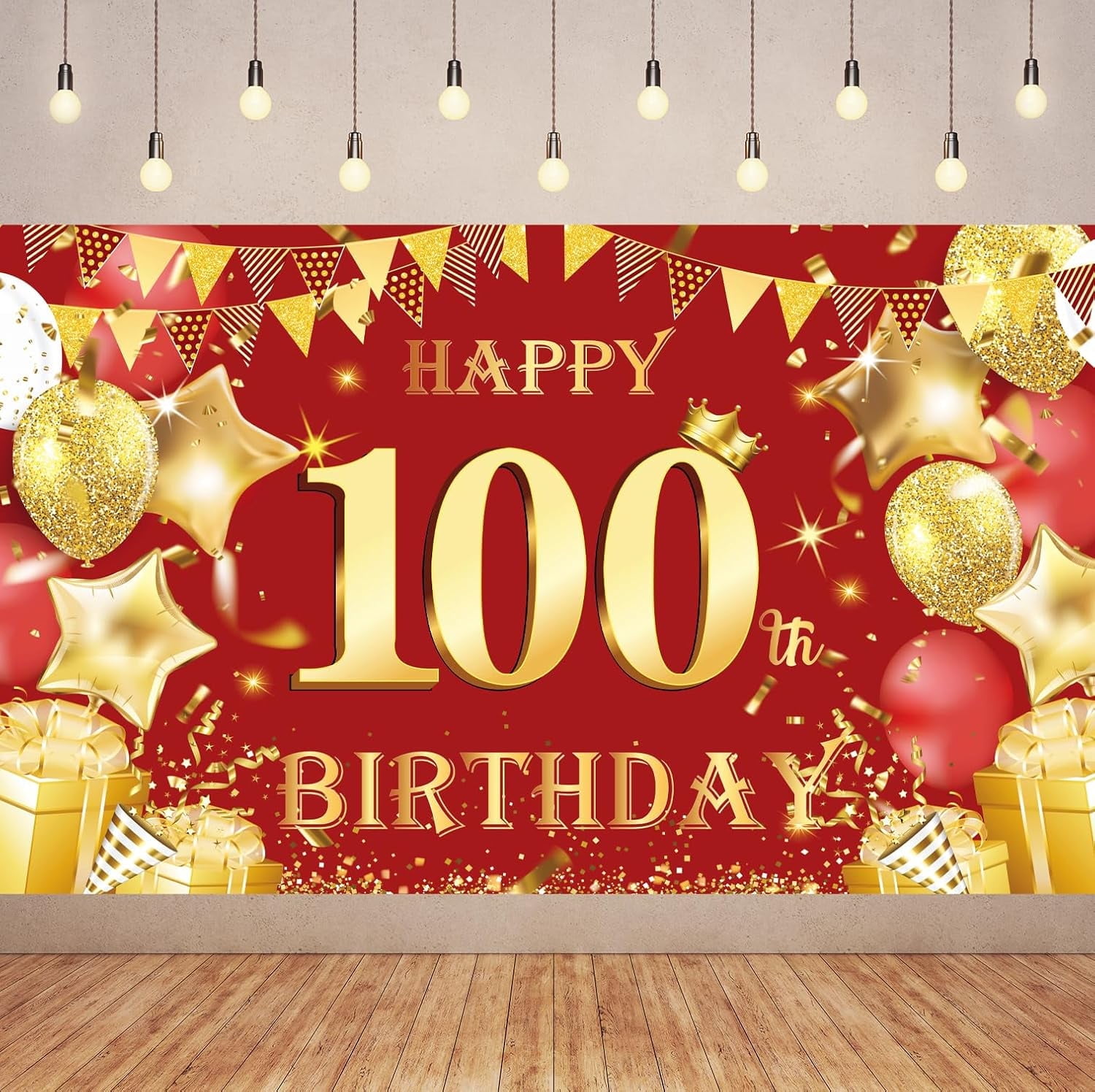 Red Gold Birthday Banner Party Decorations,Red Gold Happy 100th ...
