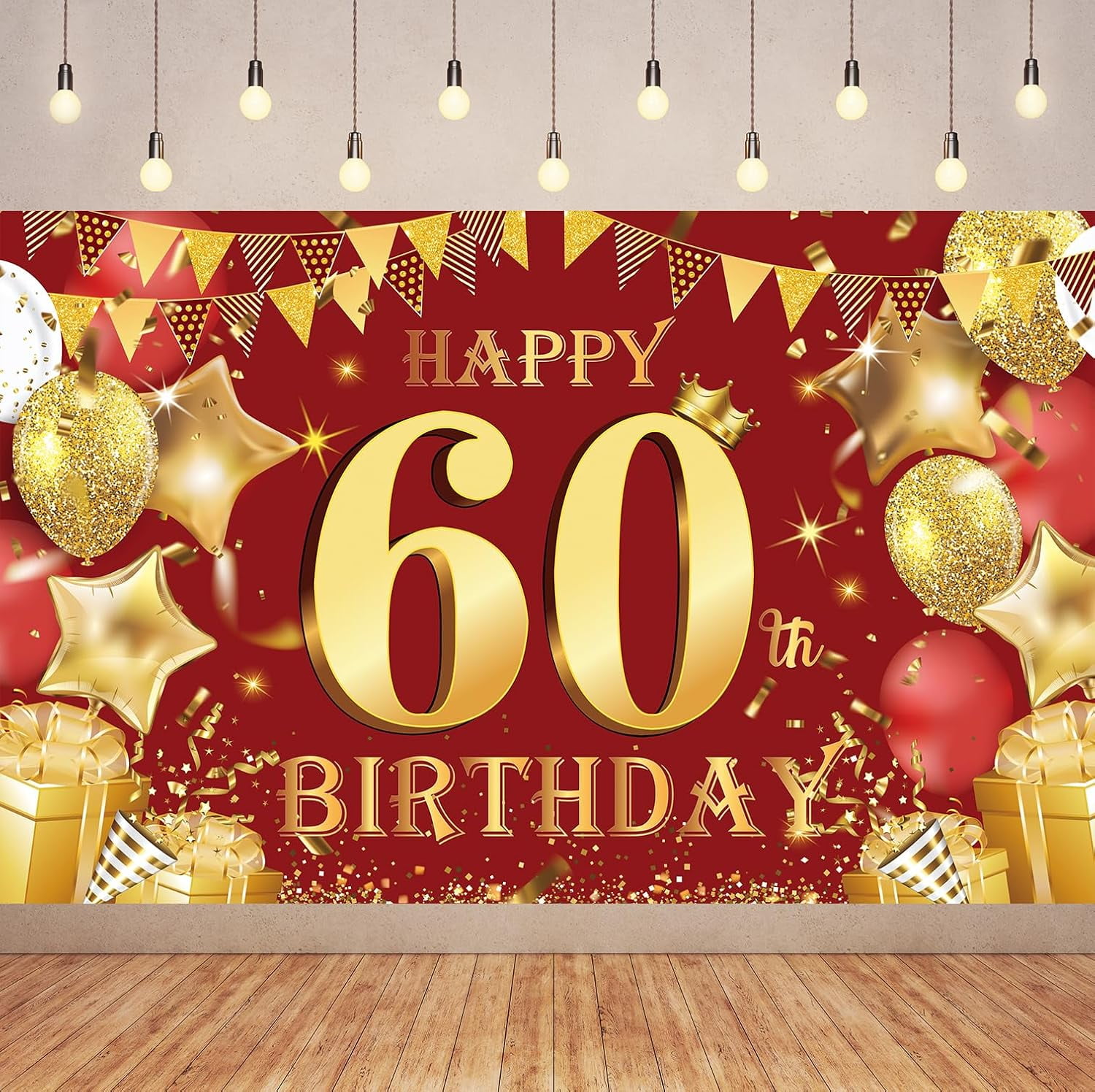 Red Gold Birthday Banner Party Decorations,Red Gold Happy 60th Birthday ...