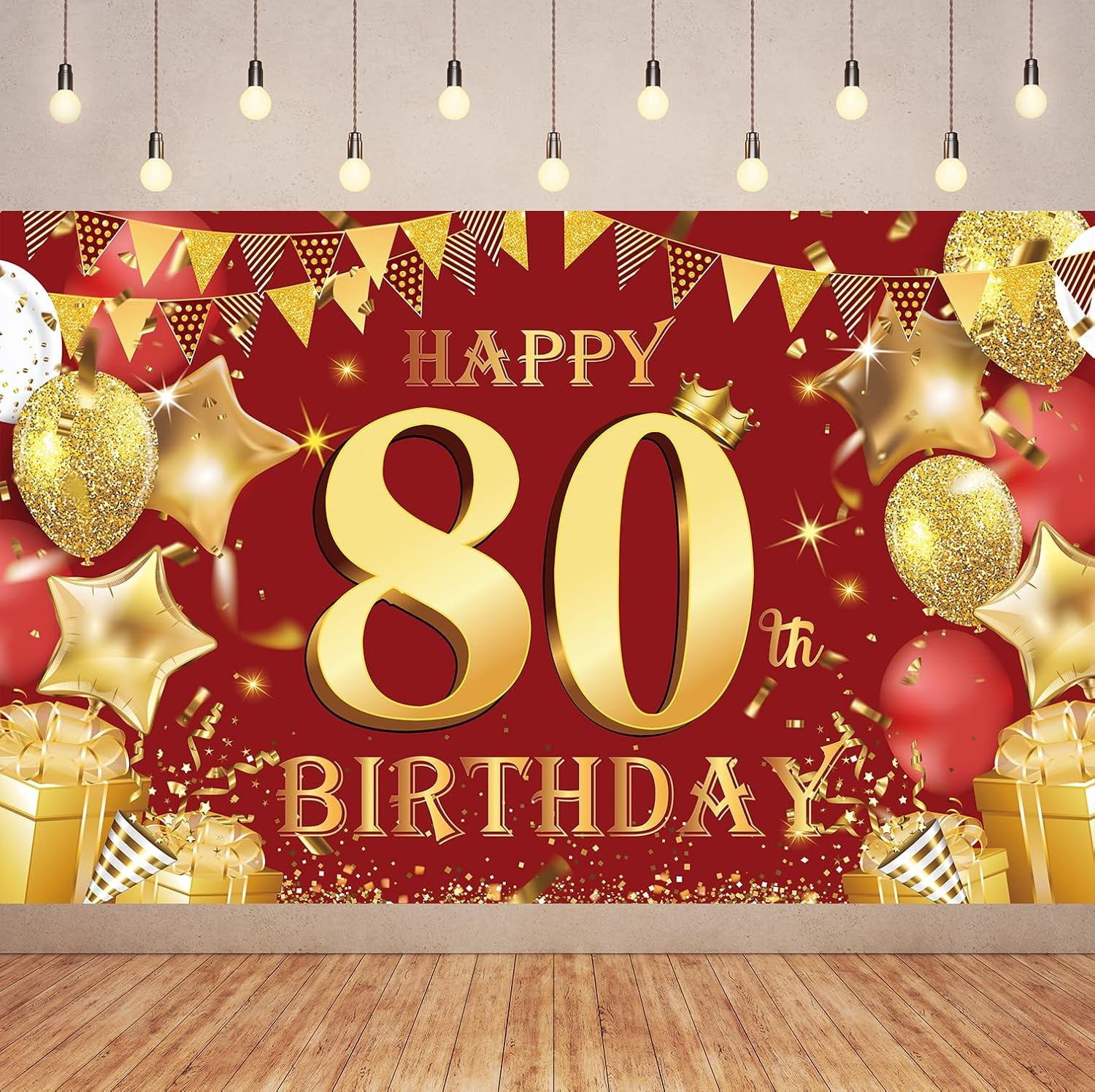 Red Gold Birthday Banner Party Decorations,Red Gold Happy 80th Birthday ...