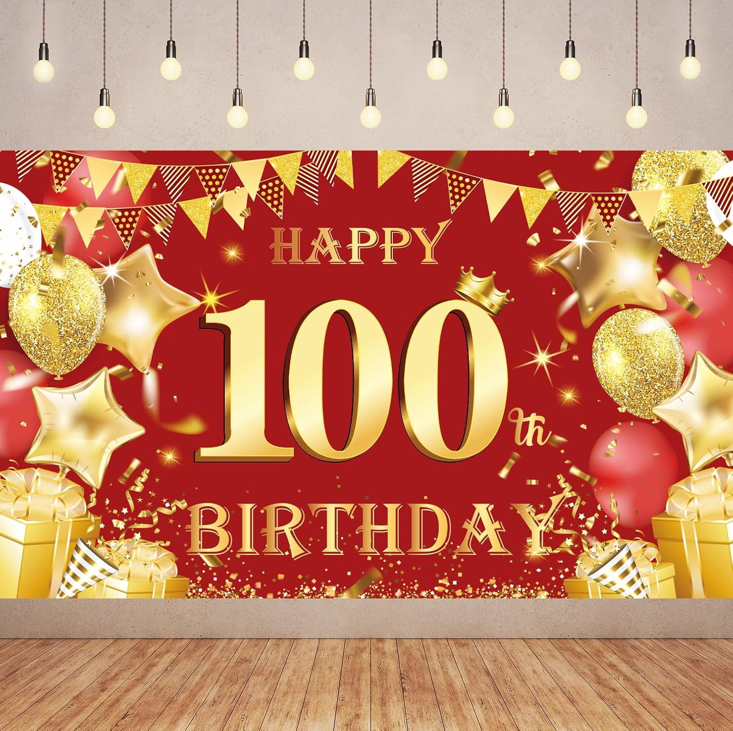 Red Gold Birthday Banner Party Decorations,Red Gold Happy 100th ...