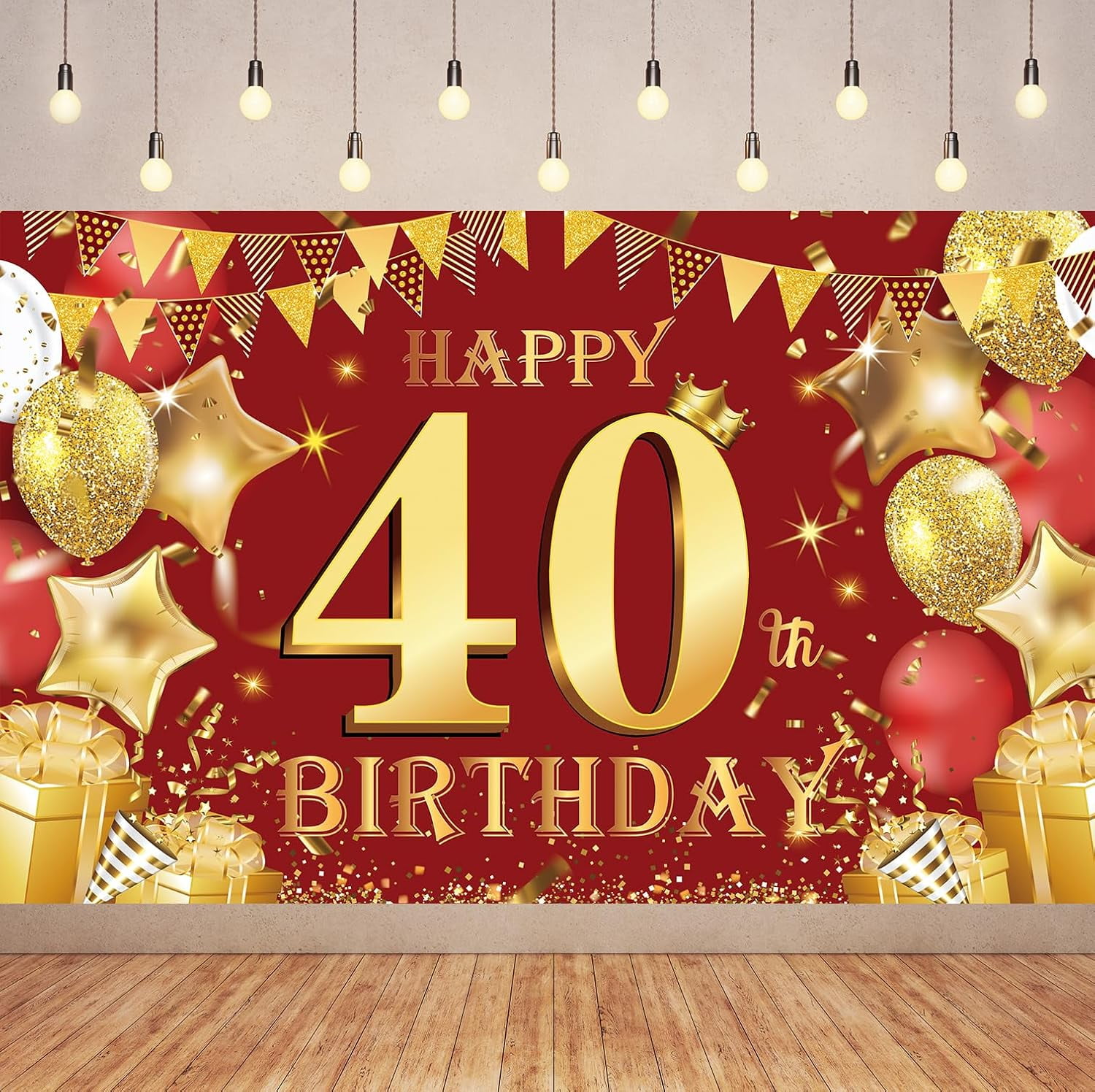 Red Gold Birthday Banner Party Decorations,Red Gold Happy 40th Birthday ...