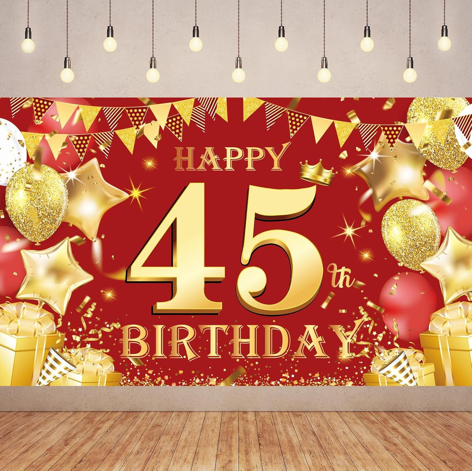 Red Gold Birthday Banner Party Decorations,Red Gold Happy 45th Birthday ...