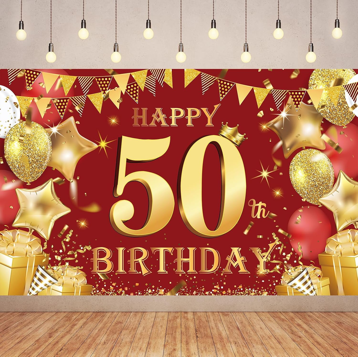 Red Gold Birthday Banner Party Decorations,Red Gold Happy 50th Birthday ...