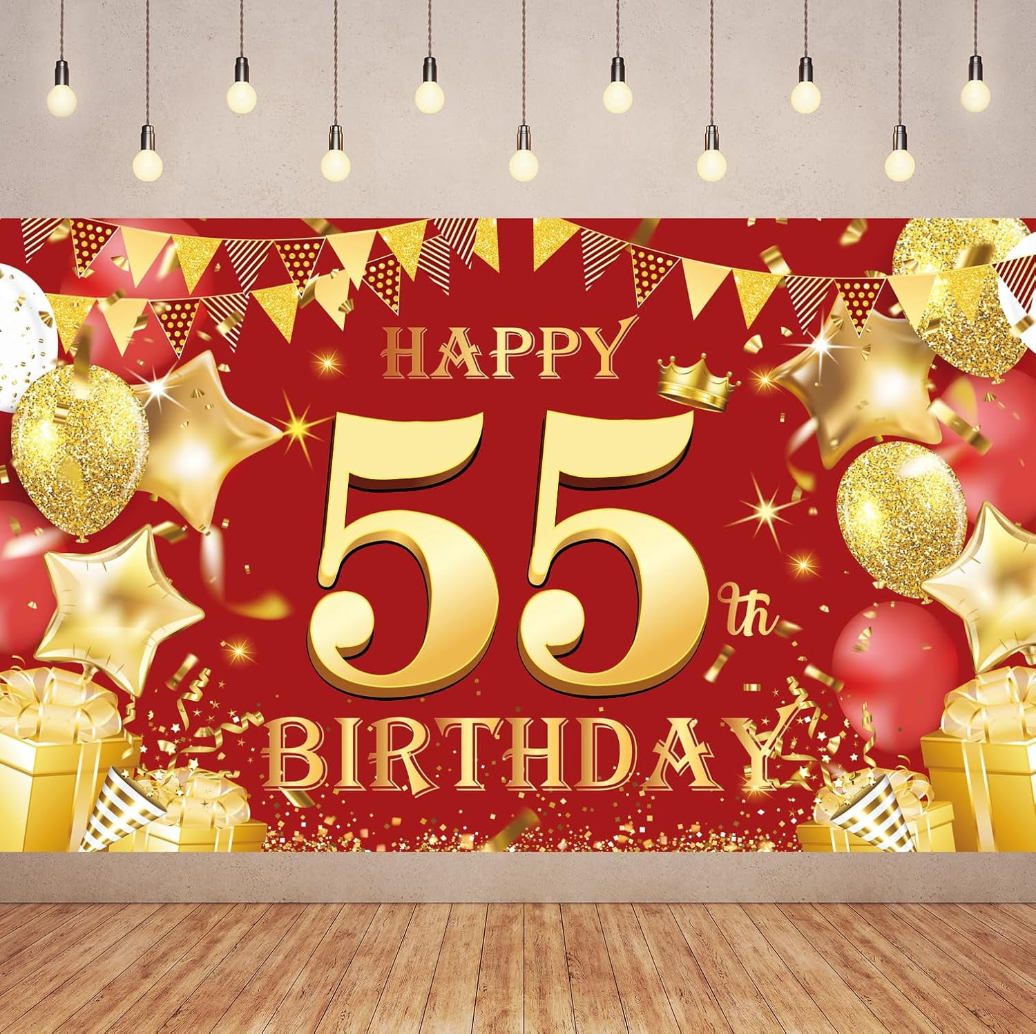 Red Gold Birthday Banner Party Decorations,Red Gold Happy 55th Birthday ...