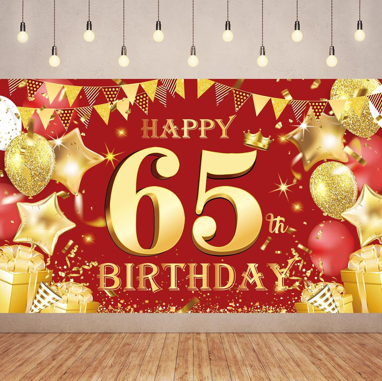 Red Gold Birthday Banner Party Decorations,Red Gold Happy 65th Birthday Backdrop Decorations,Red ...
