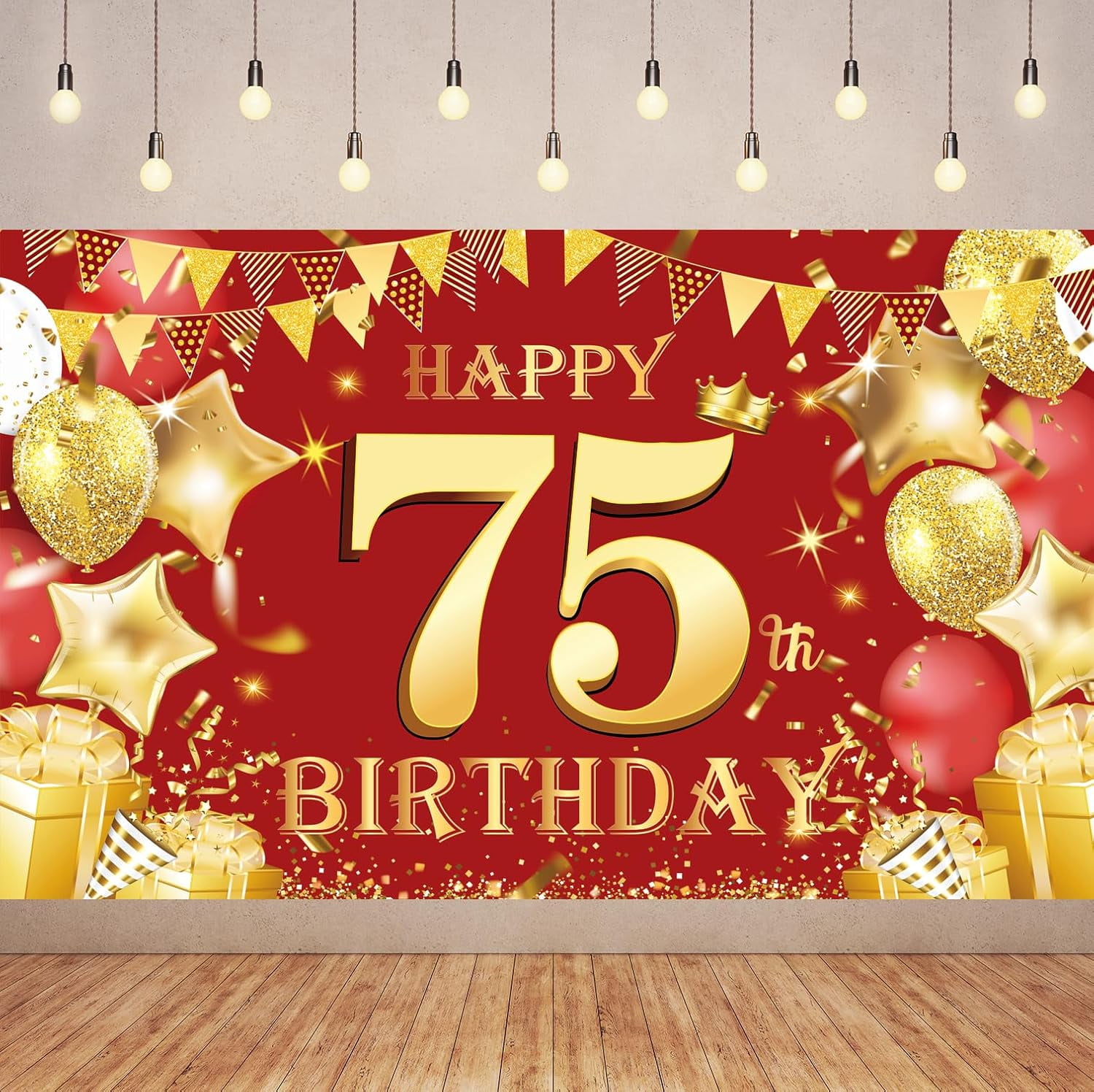 Red Gold Birthday Banner Party Decorations,Red Gold Happy 75th Birthday ...