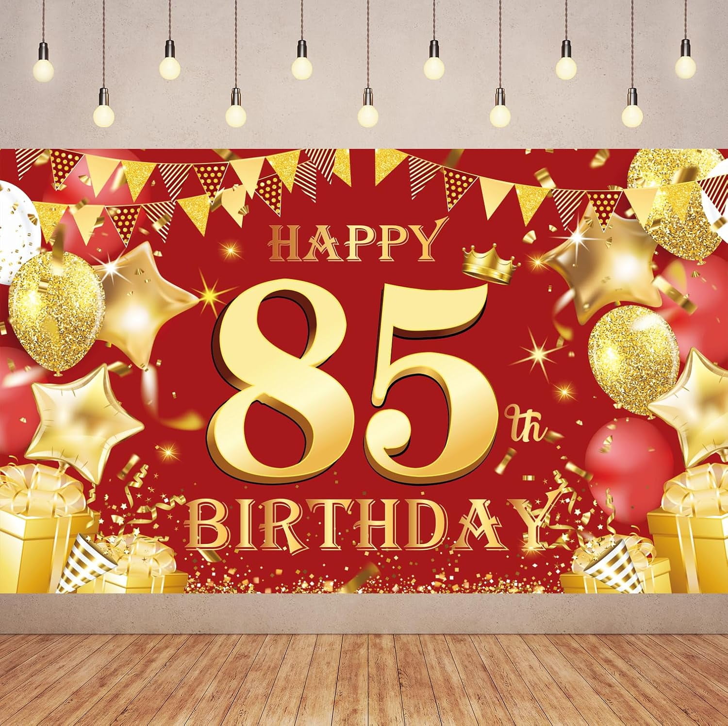 Red Gold Birthday Banner Party Decorations,Red Gold Happy 85th Birthday ...