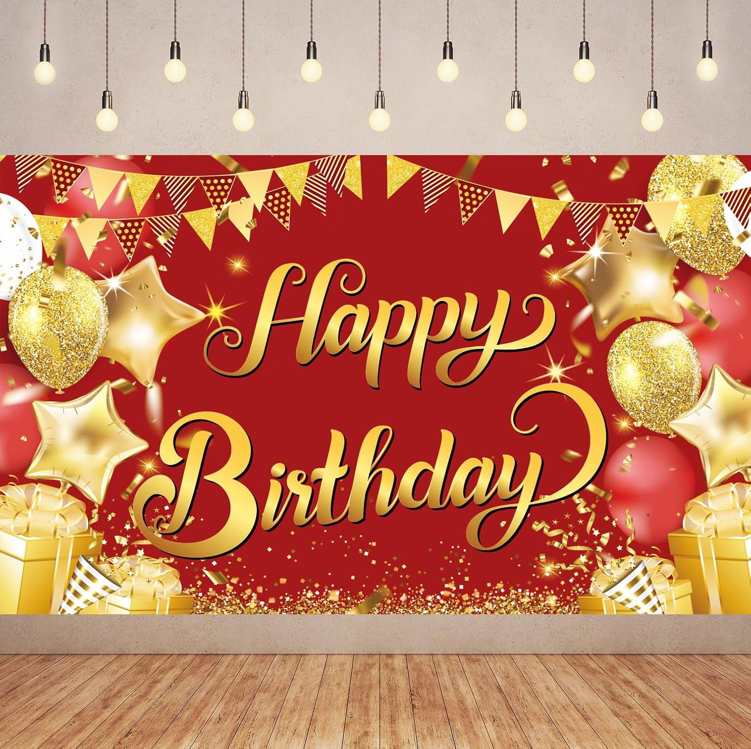 Red Gold Birthday Banner Party Decorations,Red Gold Happy Birthday ...