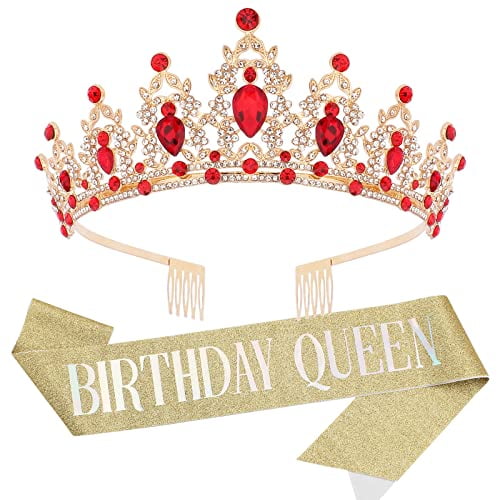 Red Gold Birthday Crown and Sash for Women - Queen Sash & Rhinestone ...