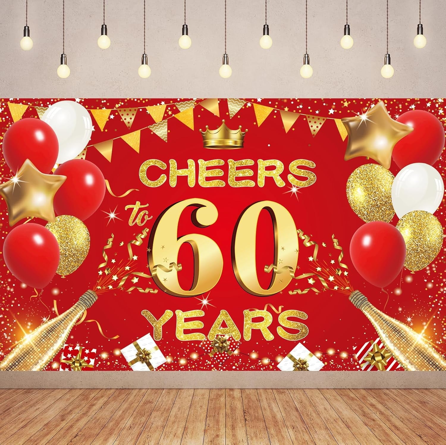 Red Gold Cheers 60 Years Backdrop Banner Happy 60th Birthday Background ...