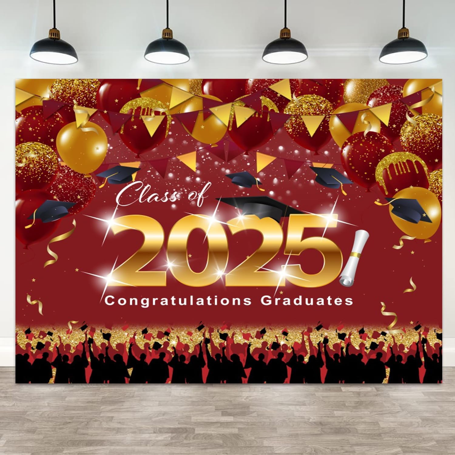 Red Gold Class of 2025 Backdrop Graduation Caps Congrats Grad ...