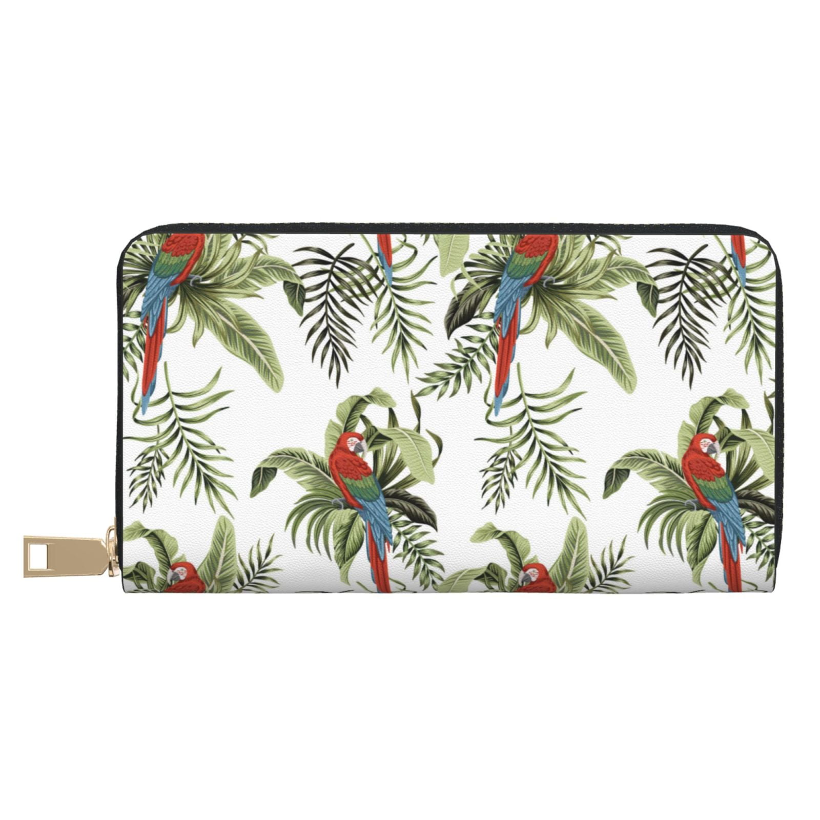 Red Gold Cute Macaw Parrot Plant Wallet Women, Leather Bifold Multi ...