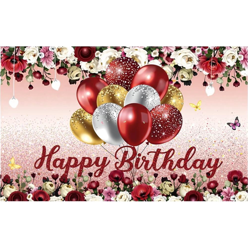 Red Gold Floral Happy Birthday Party Backdrop Girls Women's Birthday ...