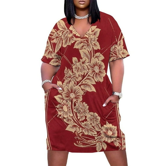 Red Gold Floral Ornate Design Loose Pocket Dress Dresses Summer Summer ...