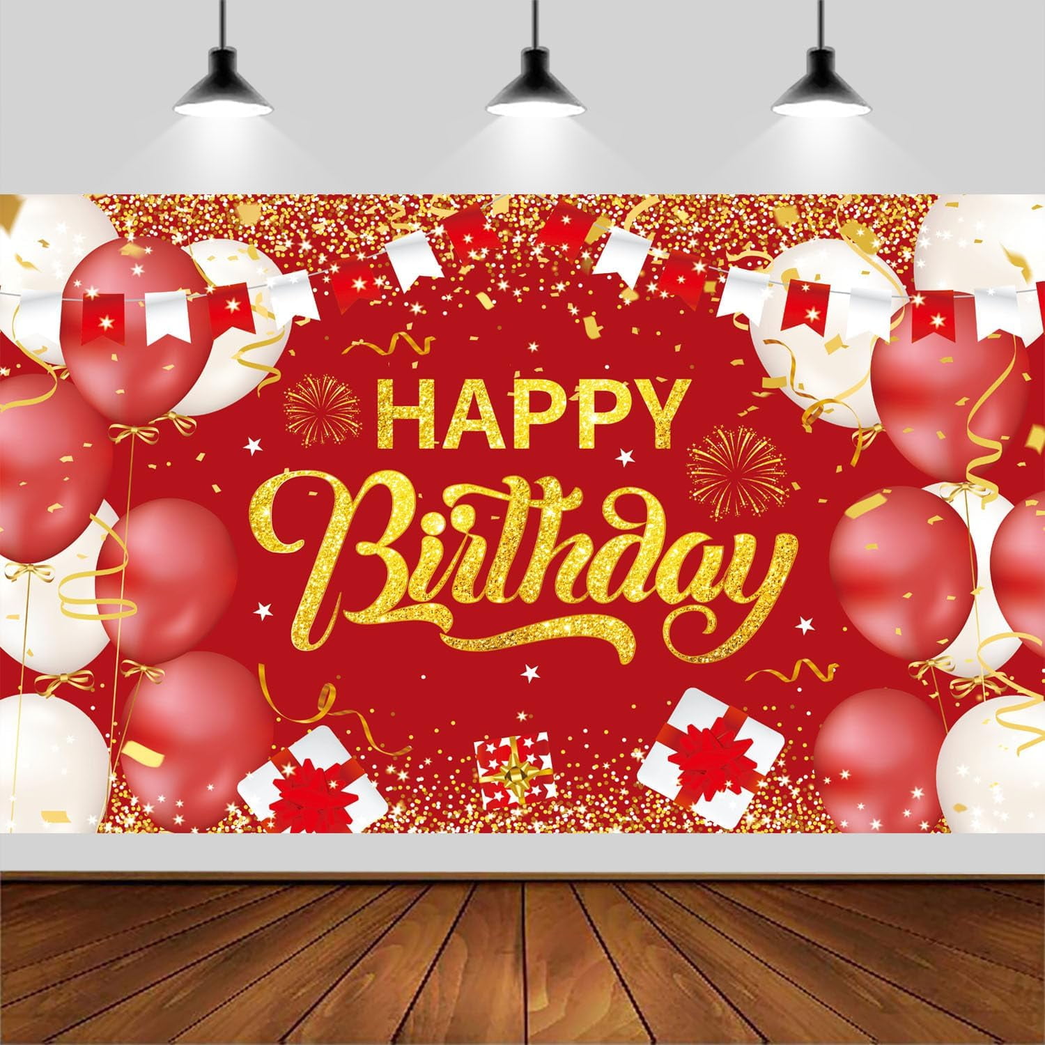 Red Gold Happy Birthday Backdrop,Red Gold Happy Birthday Photography ...