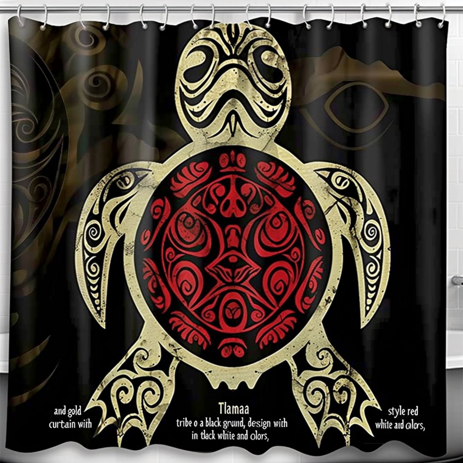 Red Gold Maori Turtle Design Shower Curtain Black Background Tribal Art ...