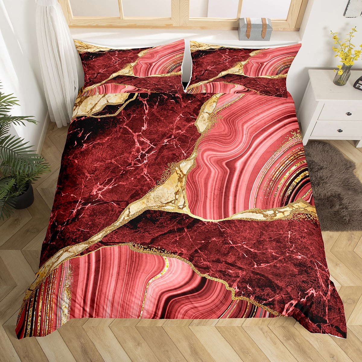 Red Gold Marble Duvet Cover Queen, Marbling Crack Print Bedding Set ...