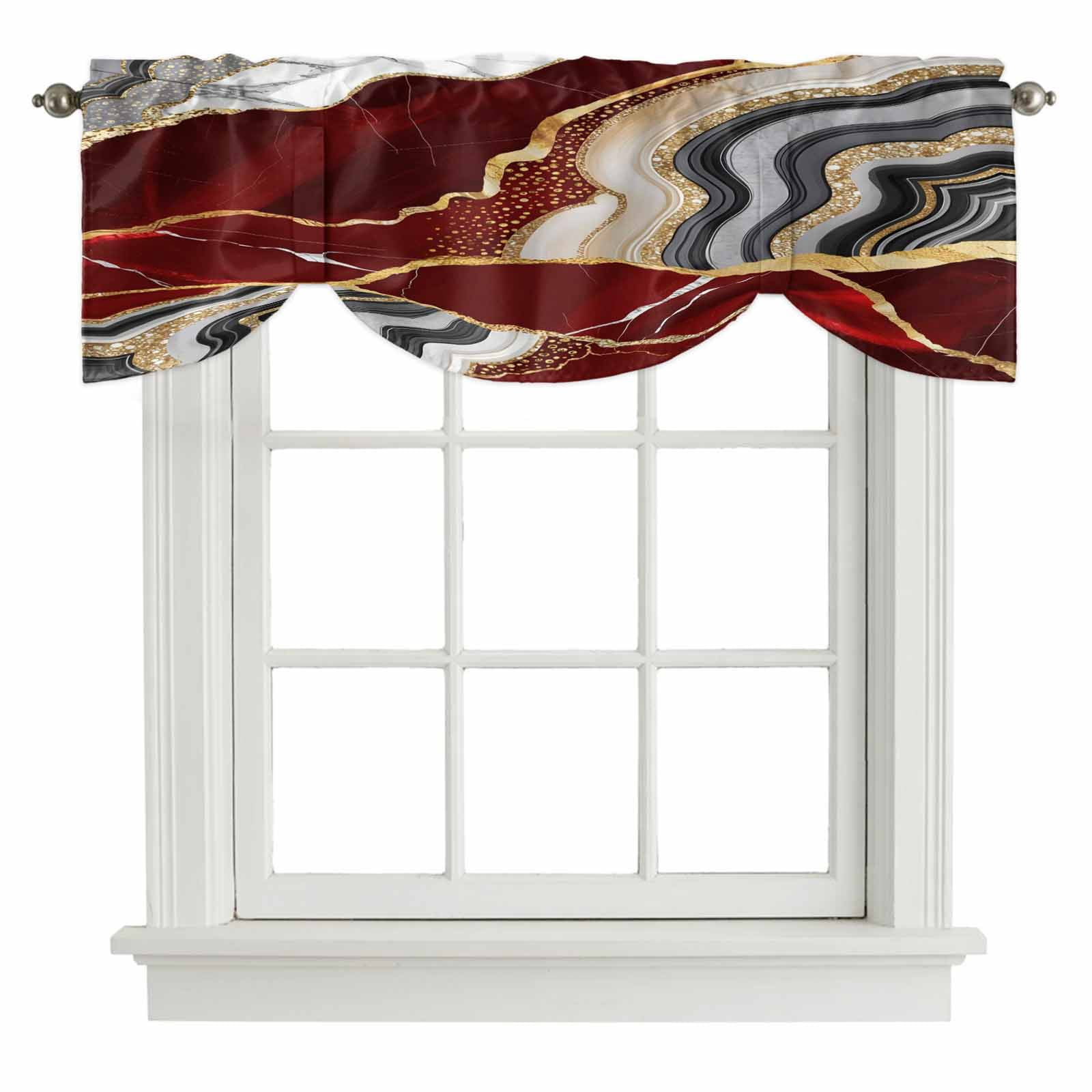 Red Gold Marble Tie Up Valance for Windows Glitter Geometric Marble ...