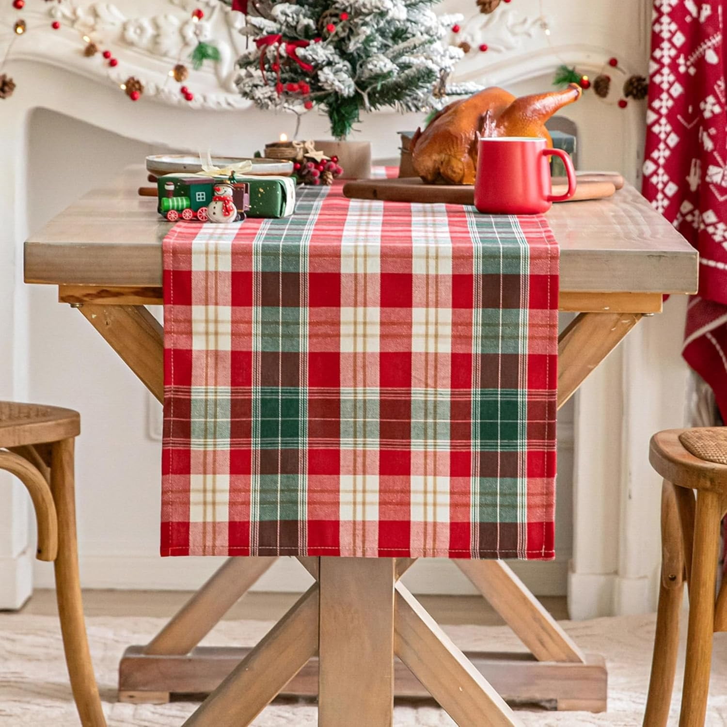 Red Gold Plaid Christmas Table Runner, Winter Holiday Table Runners 108 ...