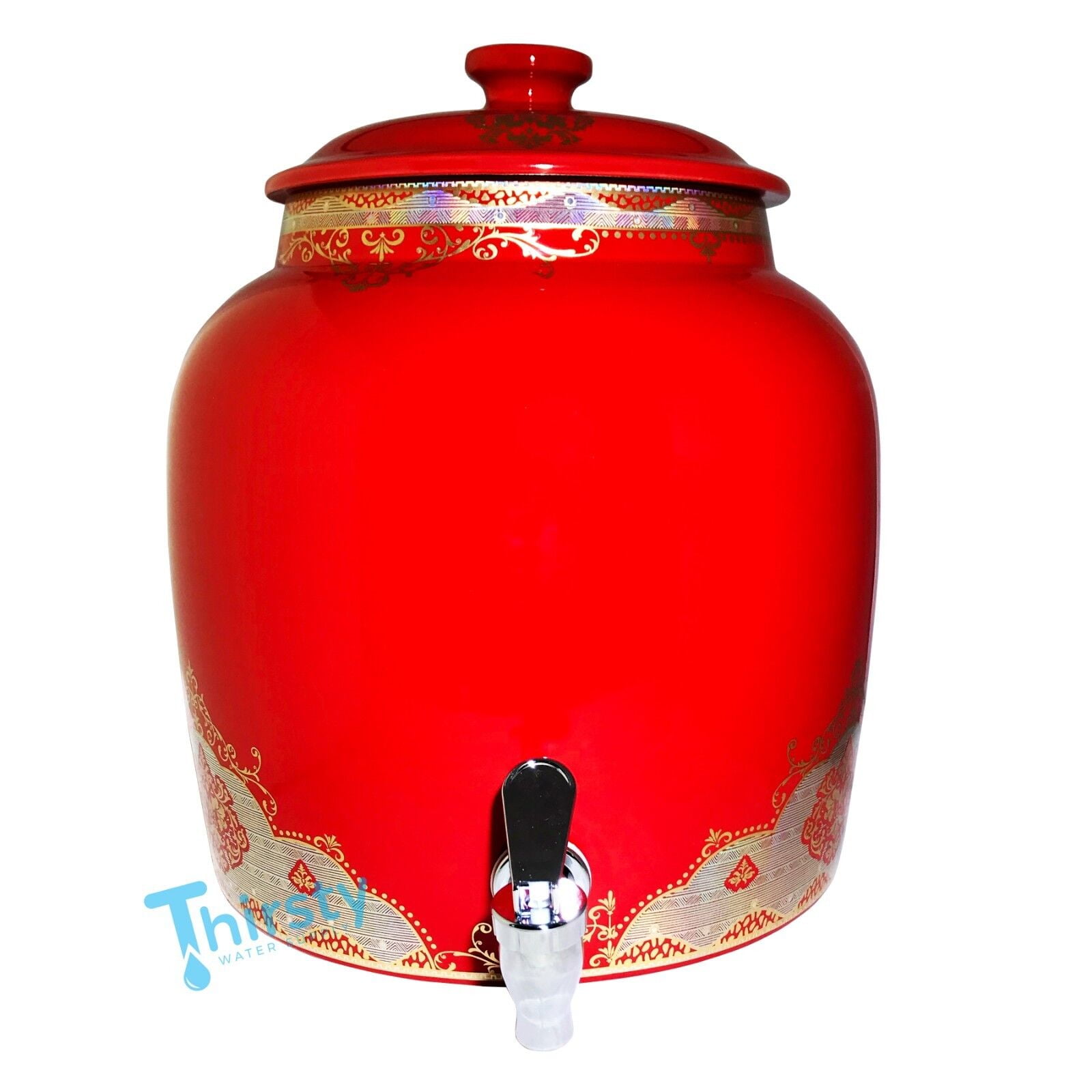 Red Gold Water Crock Dispenser Porcelain Ceramic Pot w/ Lid Faucet ...