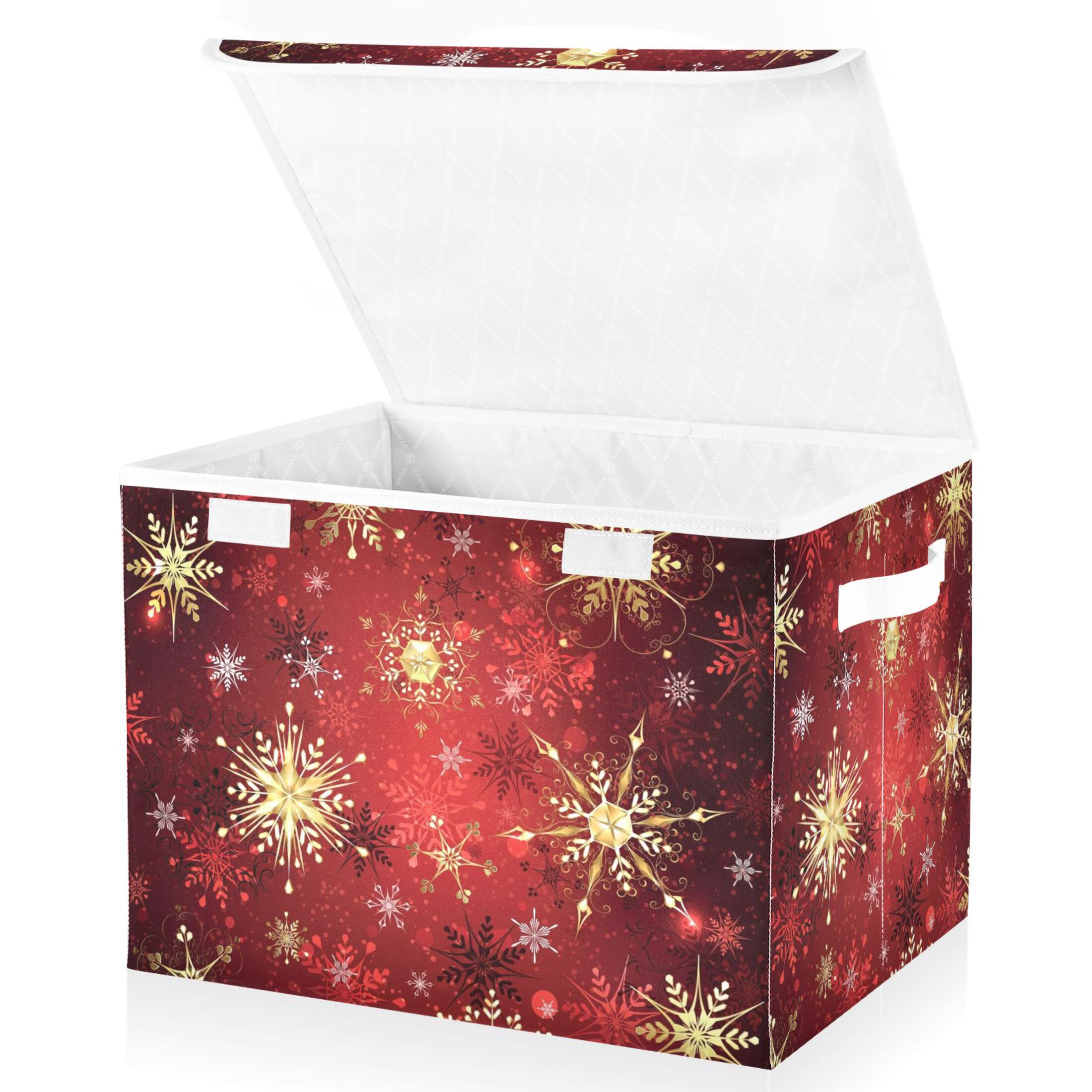 Red with Gold and White Golden Snowflakes Large Lidded Bin Foldable ...