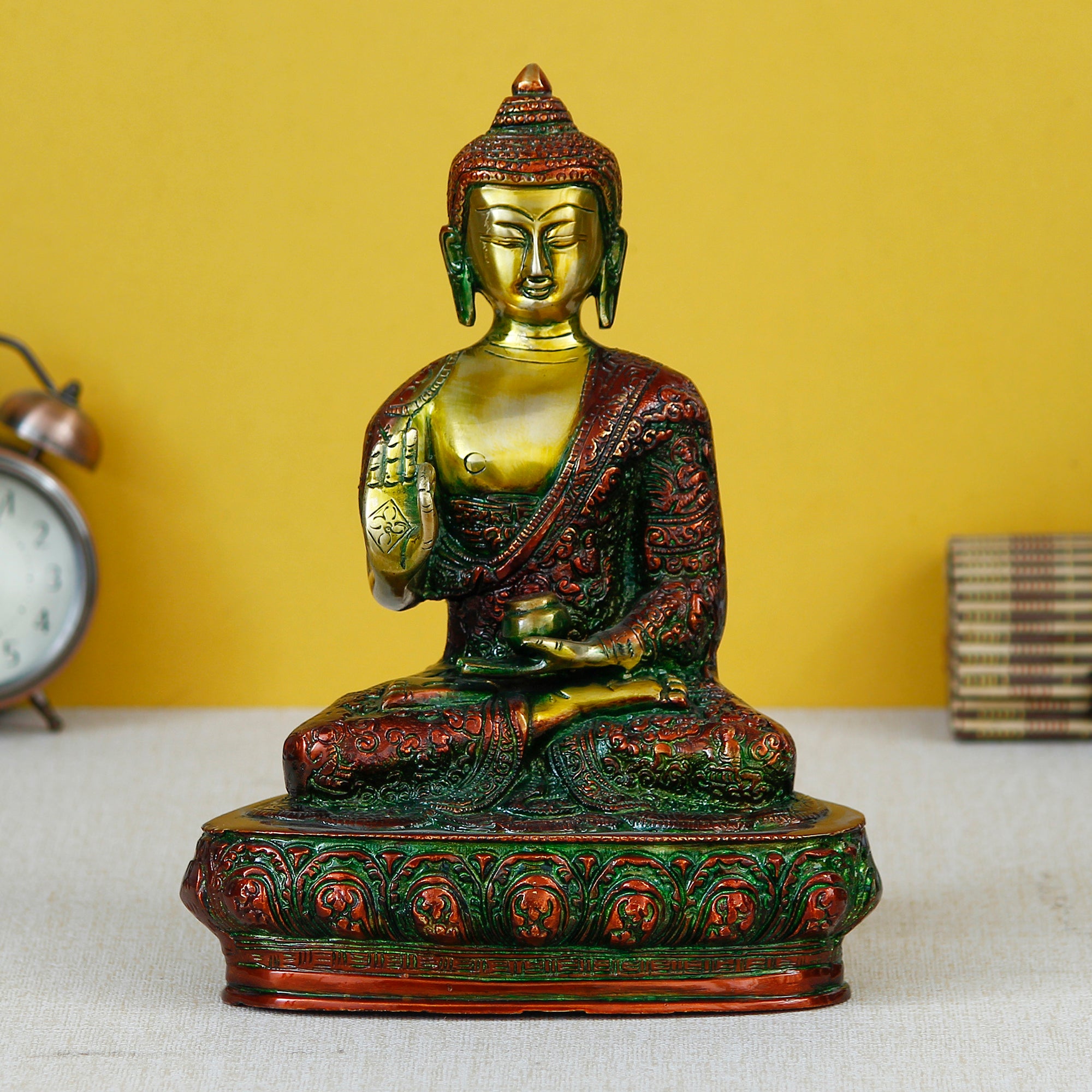 Red & Golden Brass Meditating Blessing Big Buddha Statue Holding Bowl ...