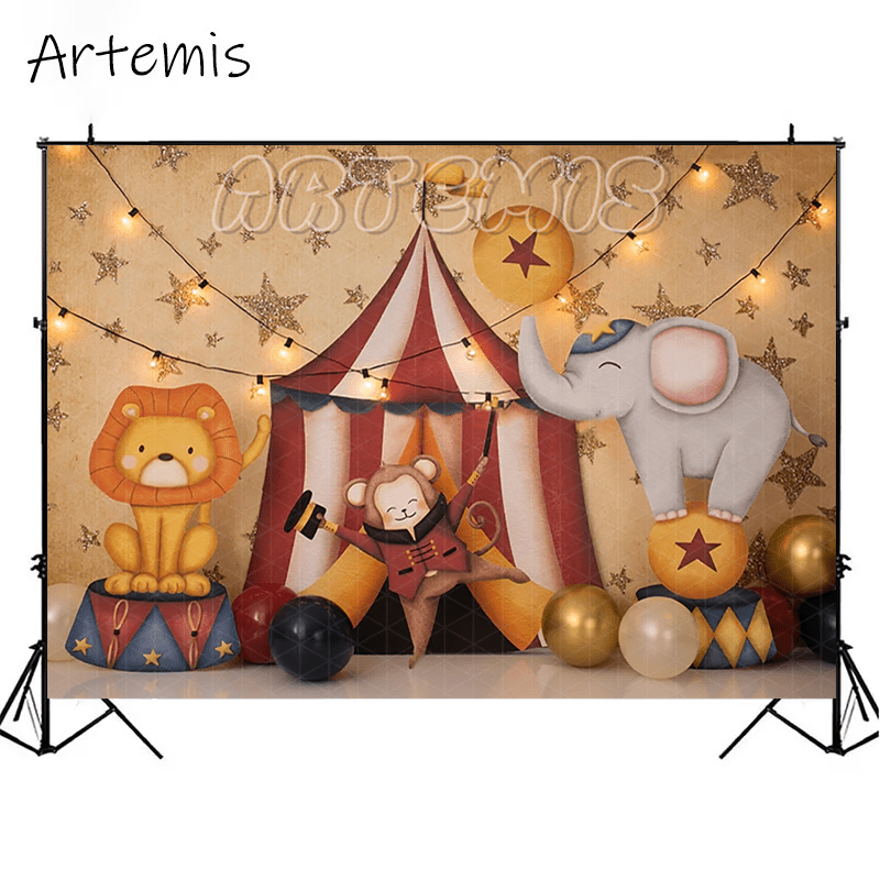 Red Golden Circus Animal Cake Smash Backdrops Monkey Lion Shiny Show ...