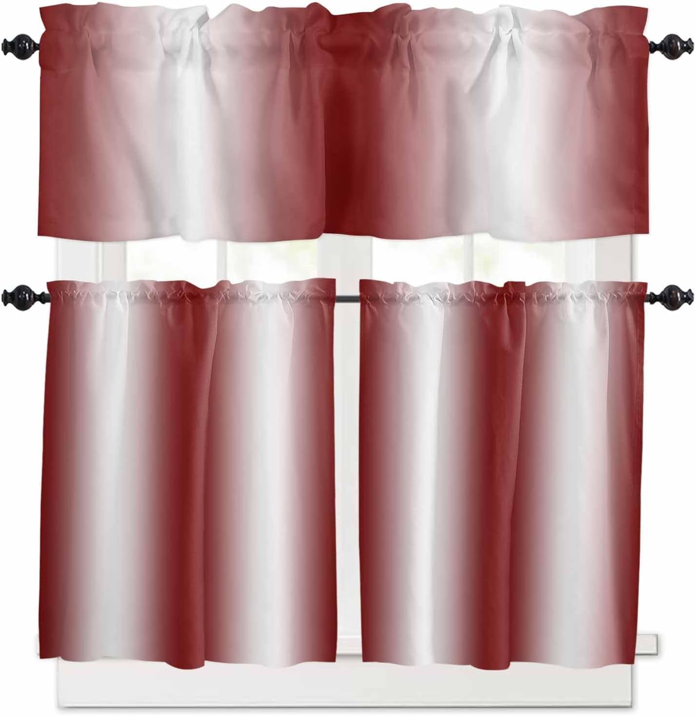 Red Gradient Kitchen Curtains and Valances Set, Countryside Farmhouse ...