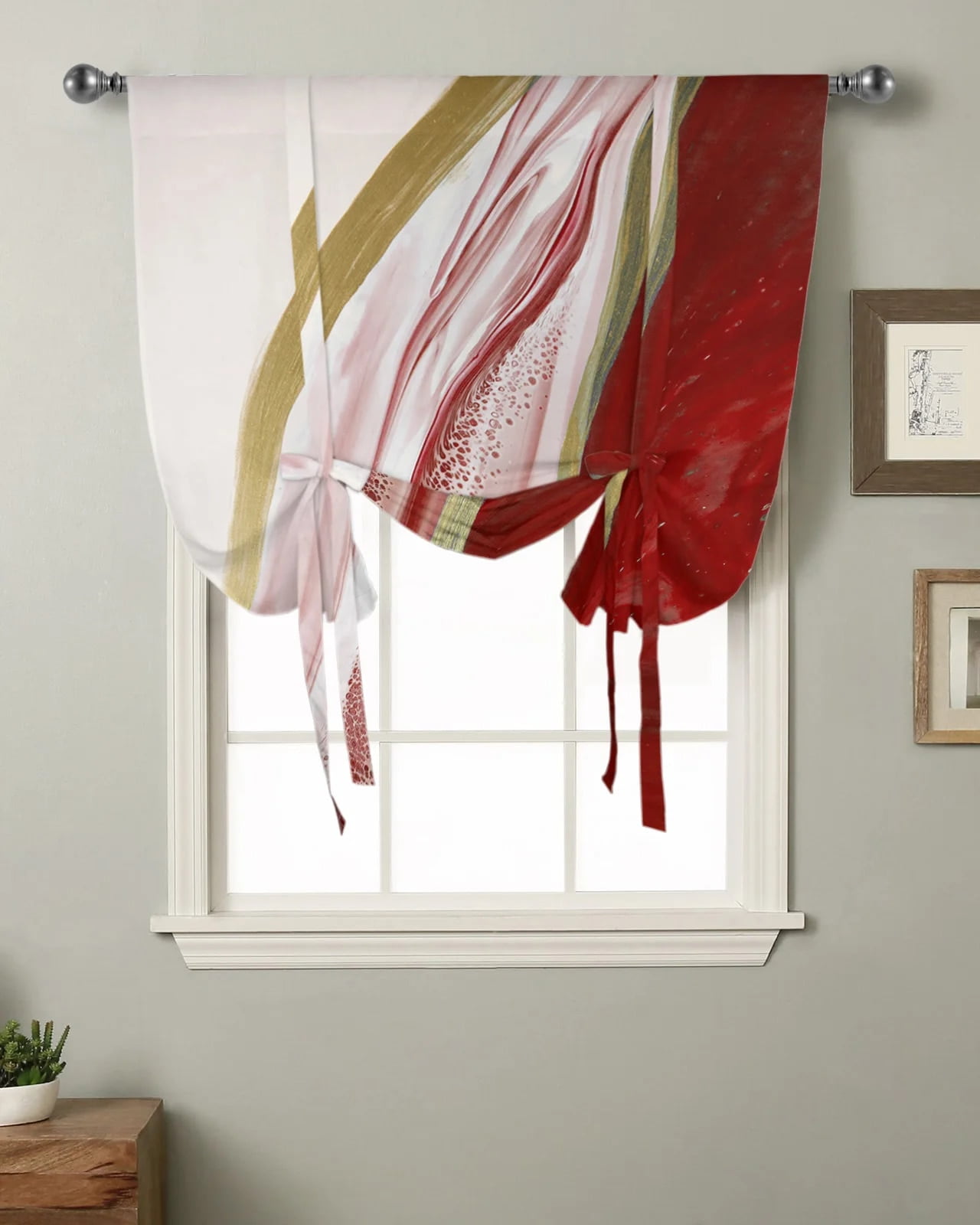 Red Gradient Marble Texture Kitchen Short Window Curtain Rod Pocket ...