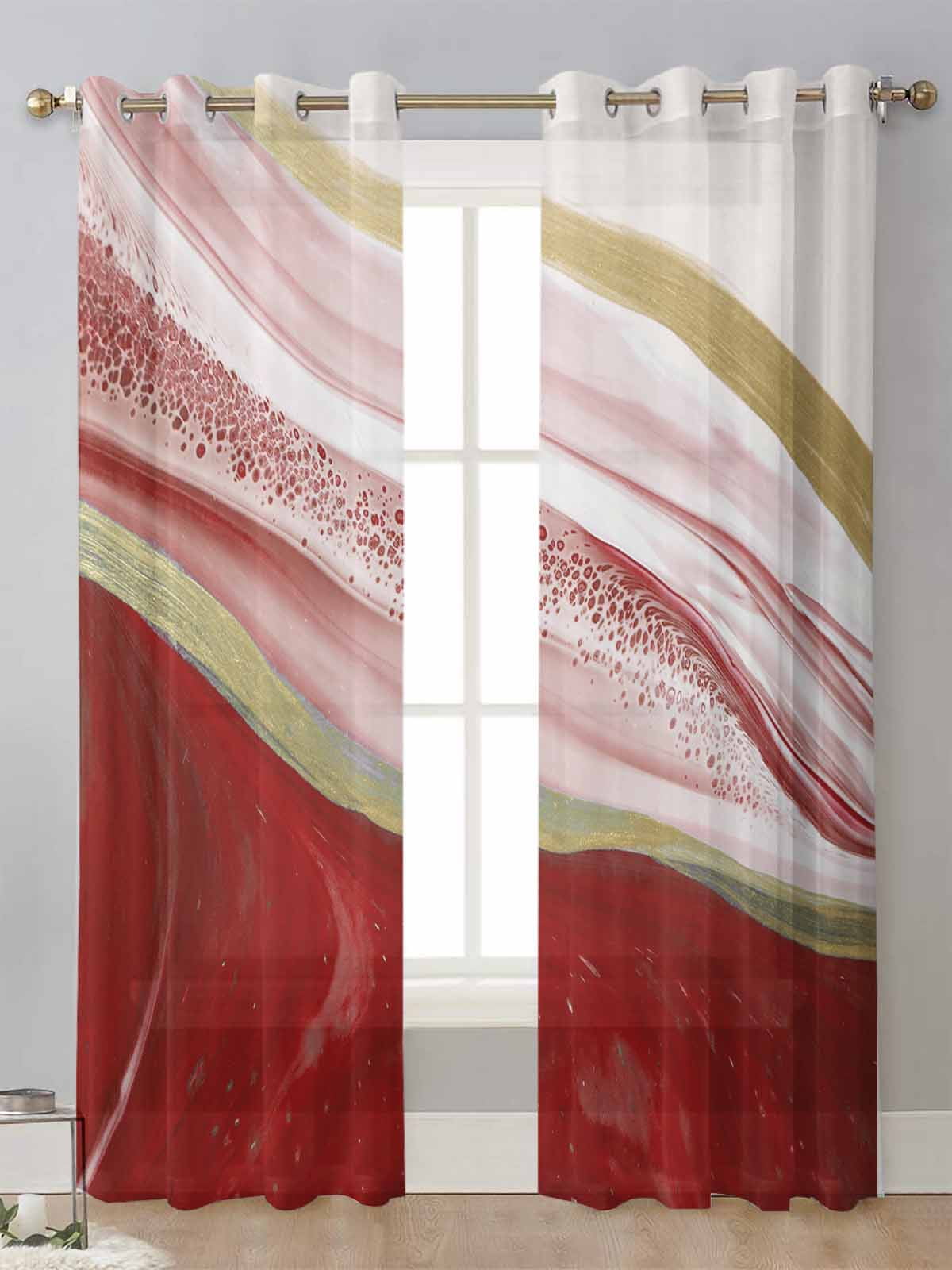 Red Gradient Marble Texture Sheer Curtains For Living Room Window ...