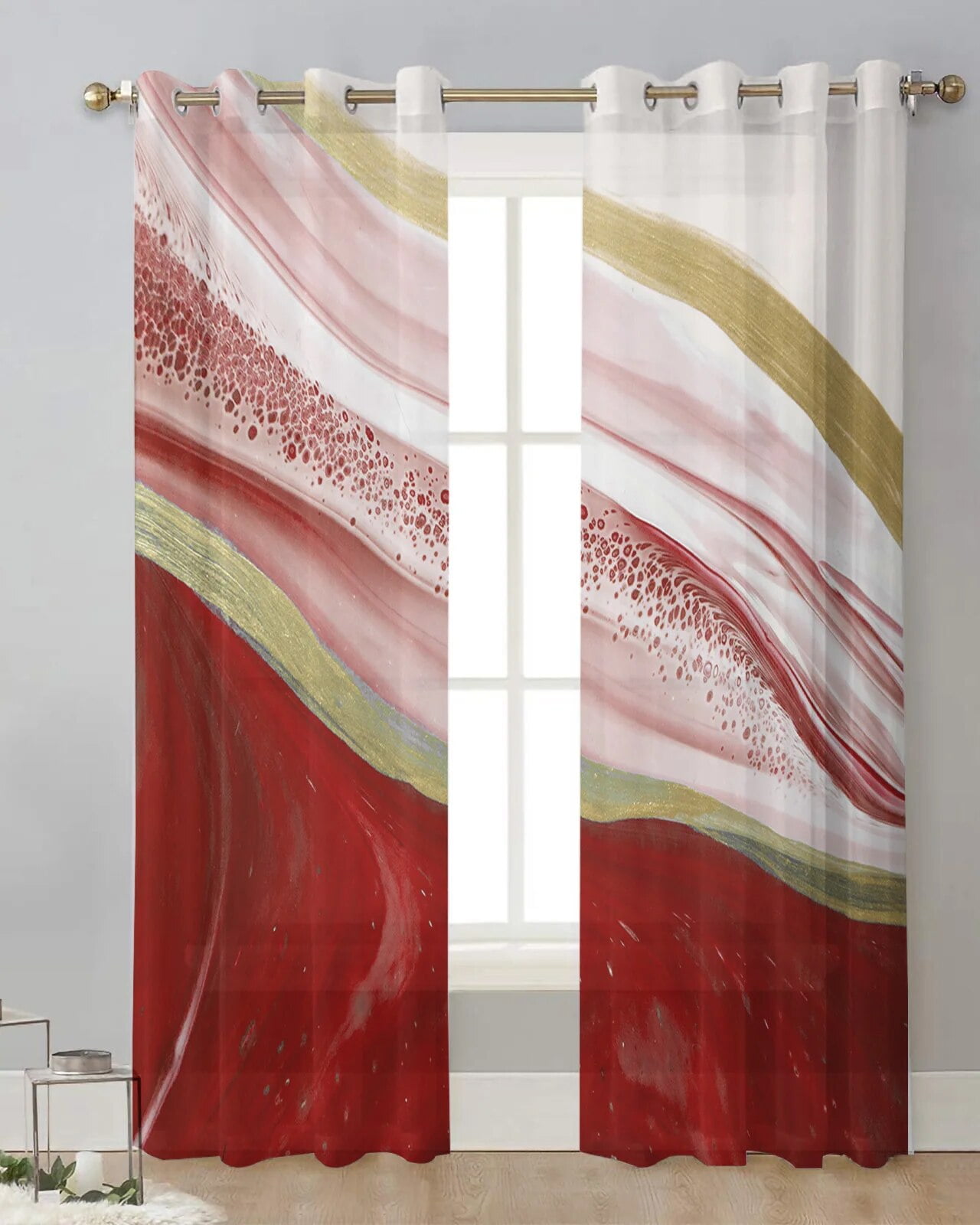 Red Gradient Texture Marbling Tulle Curtain rative Sheer Curtains for ...
