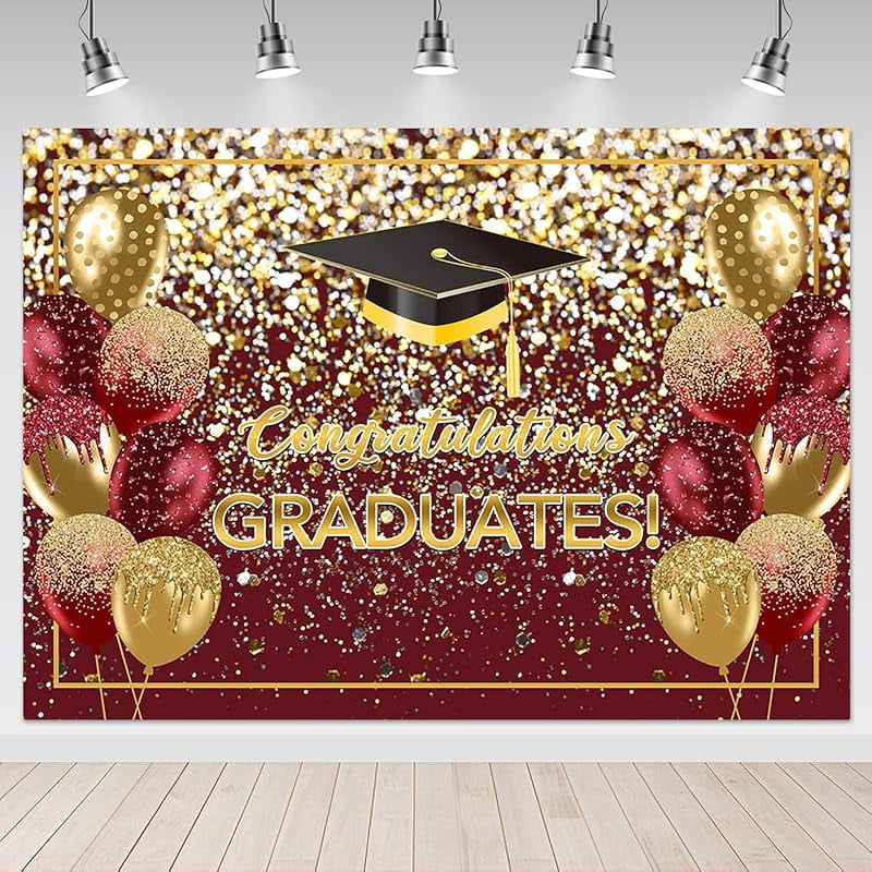 Red Graduation Backdrop 7x5ft Burgundy and Gold Class of 2025 Congrats ...