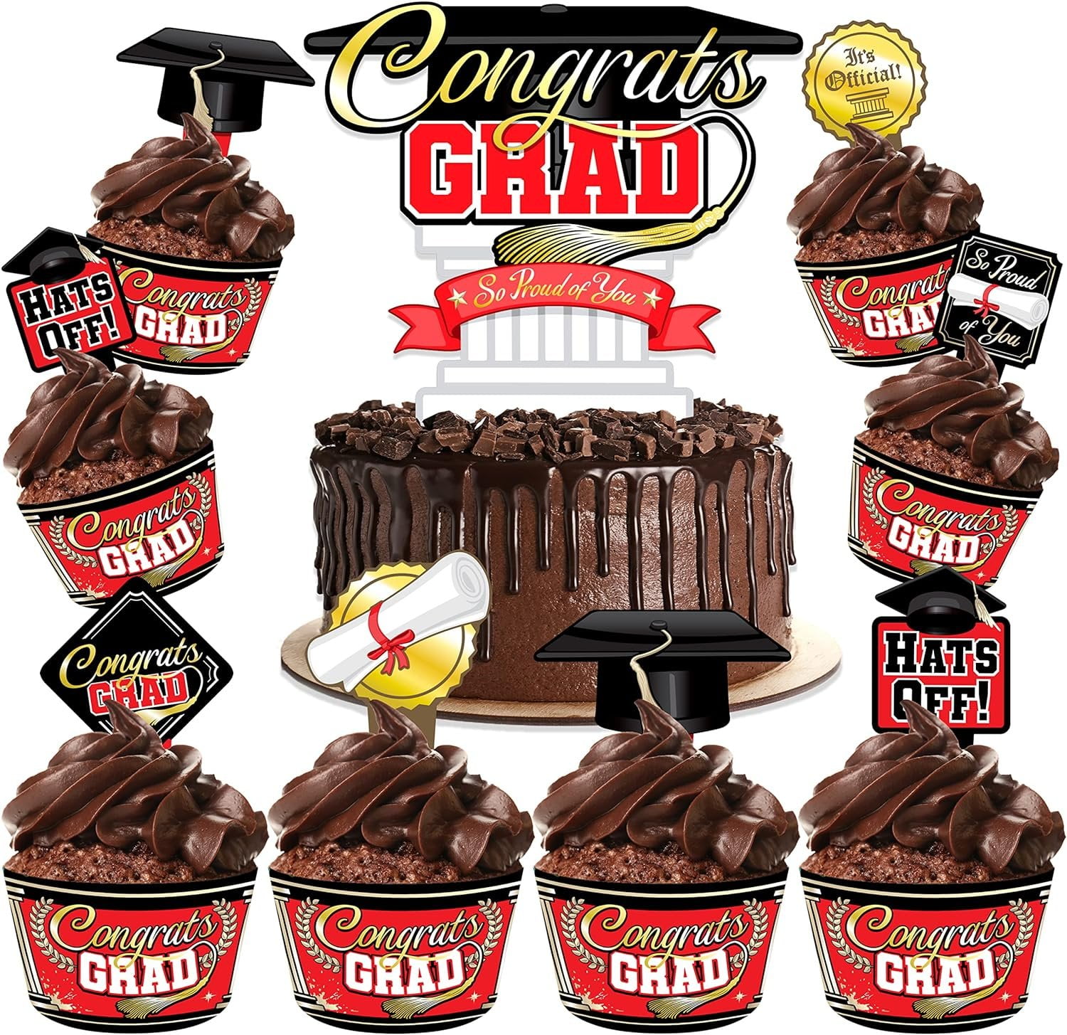 Red Graduation Cake Topper & Red Graduation Cupcake Toppers Kit ...