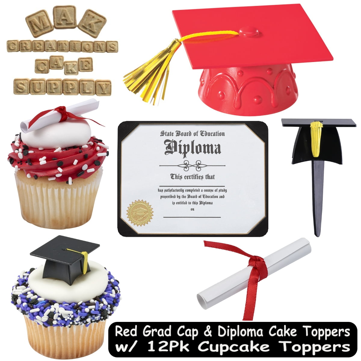 Red Graduation Cap & Flat Diploma Plaque Cake Topper Set w/ 12pk of ...