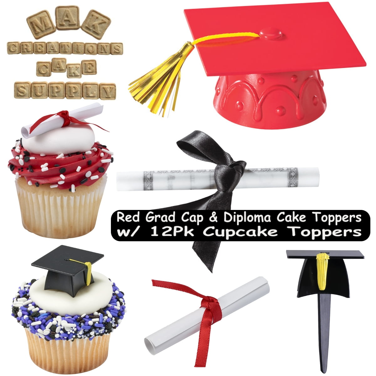 Red Graduation Cap & Rolled Diploma Cake Topper Set w/ 12pk of Grad Cap ...