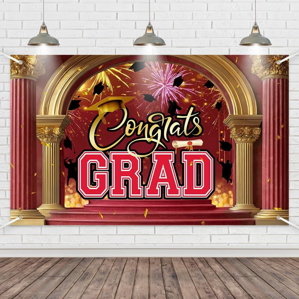 Red Graduation Decorations Banner Class of 2025 Backdrops Congrats Grad ...