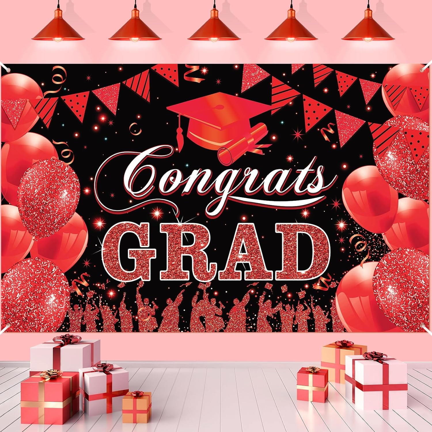 Red Graduation Party Decorations Banner, Large Red Black Congrats Grad ...