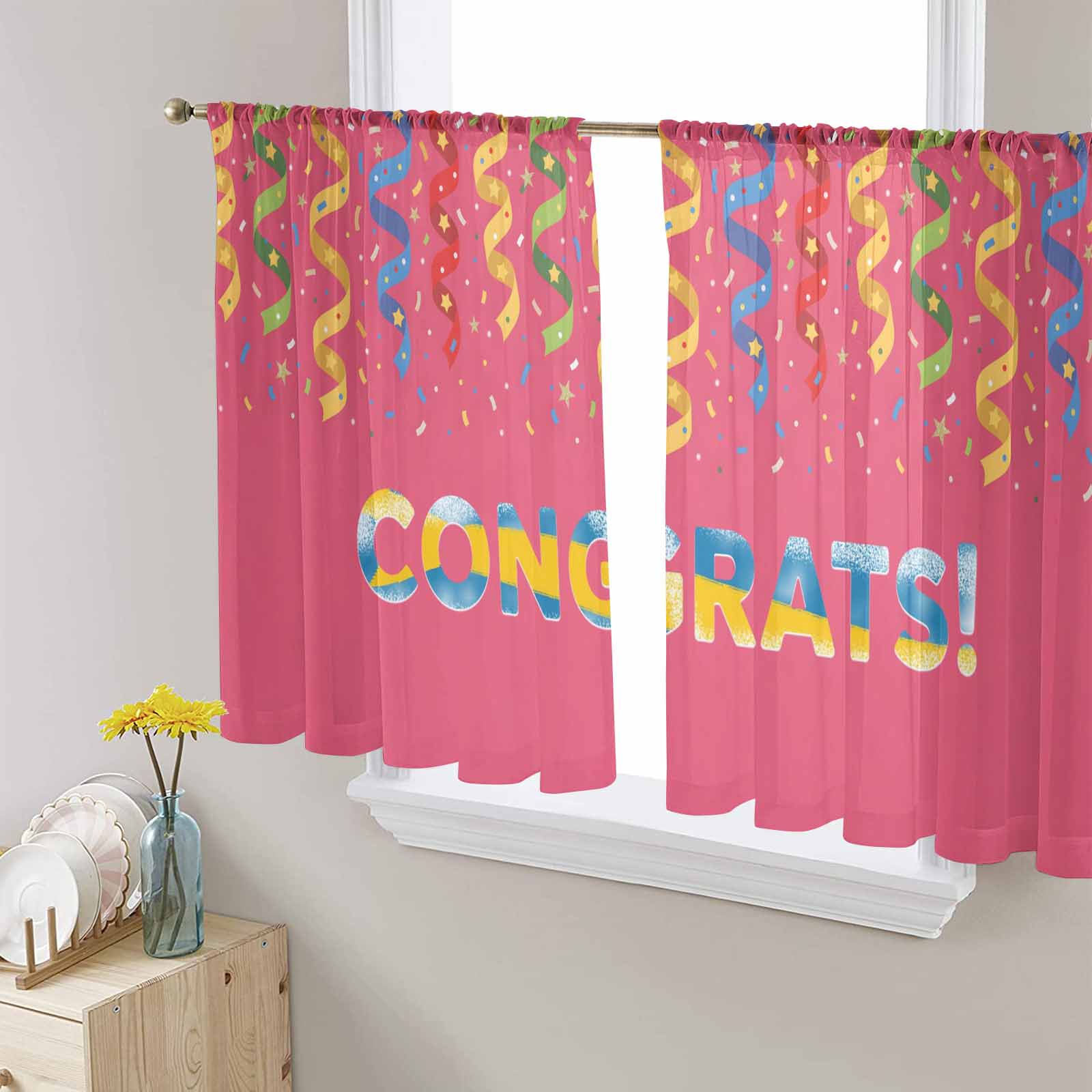 Red Graduation Season Sheer Curtains 45 Inch Length 2 Panels Set, Semi ...