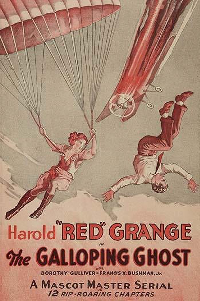 Red Grange falls from Plane - girl glides down in parachute Poster ...