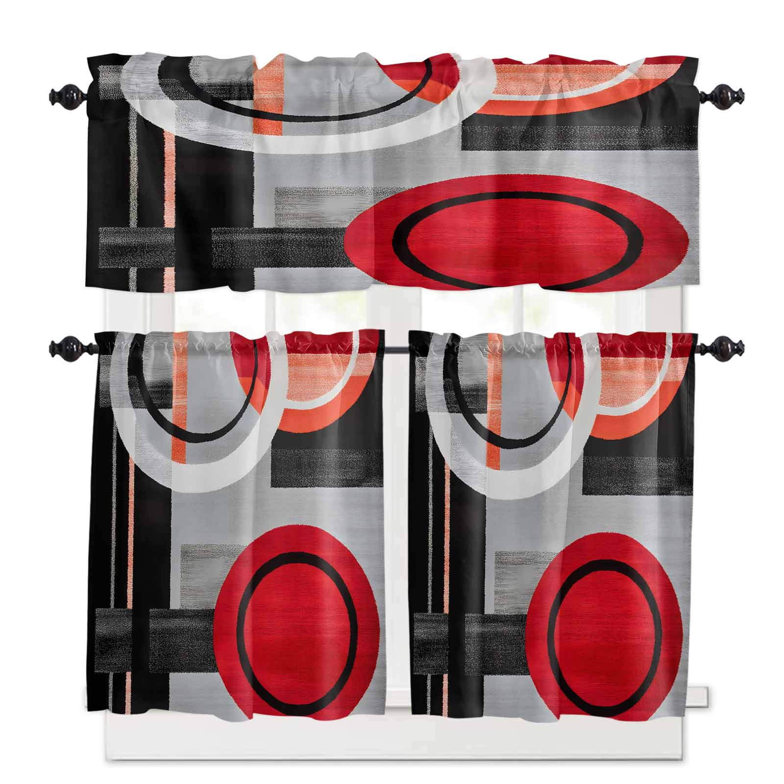 Red Gray Black Kitchen Curtains and Valances Set, Abstract Round Modern ...