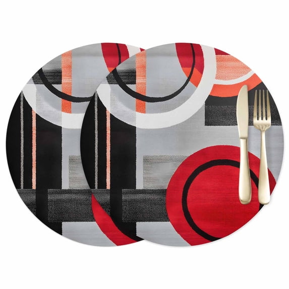 Red Gray Black Leather Placemats Set of 2, 15 Inch, Abstract Round ...